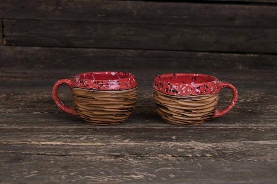 Set of Two Red Glazed Ceramic Mugs Unique Pottery Mug - Etsy