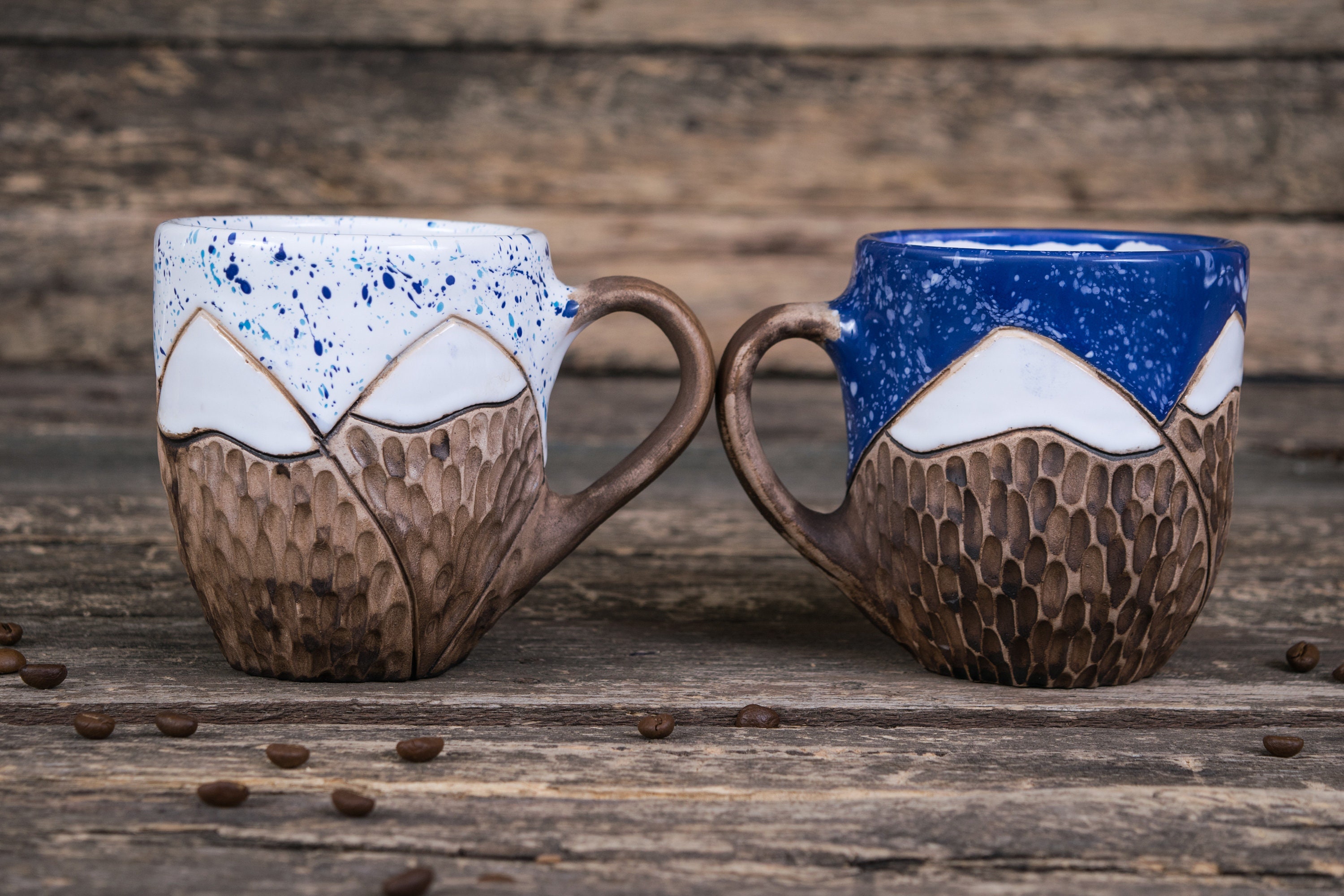 Set of two handmade pottery mugs Unique ceramic mountain | Etsy