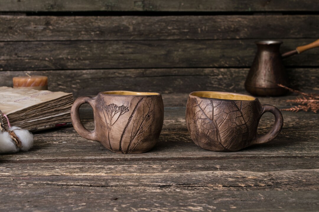 Set of Two Pottery Mugs With Leaf Impressions Set of Brown-yellow Mugs ...