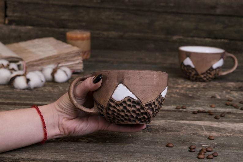 Ceramic Mountain Mug Unique Pottery Ribbed Mug Organic | Etsy