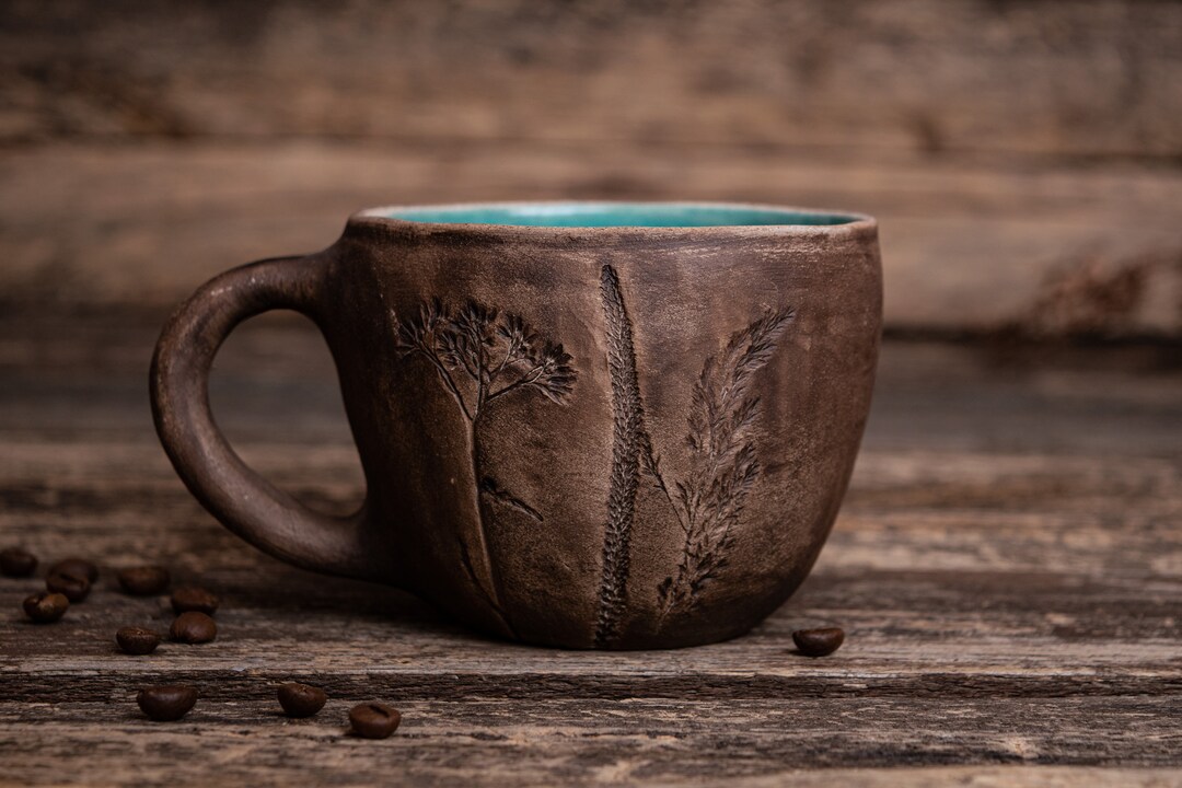 Pottery Plant Mug || Handmade Ceramic Mug, Botanical Turquoise Mug ...
