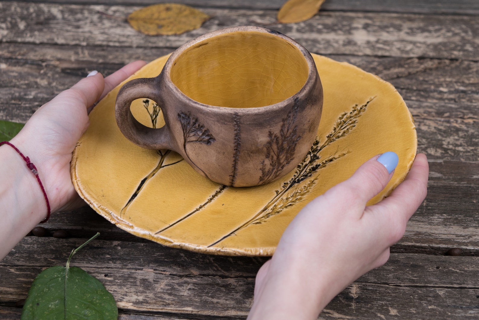 Set of Handmade Pottery Dishes With Plant Impressions | Etsy