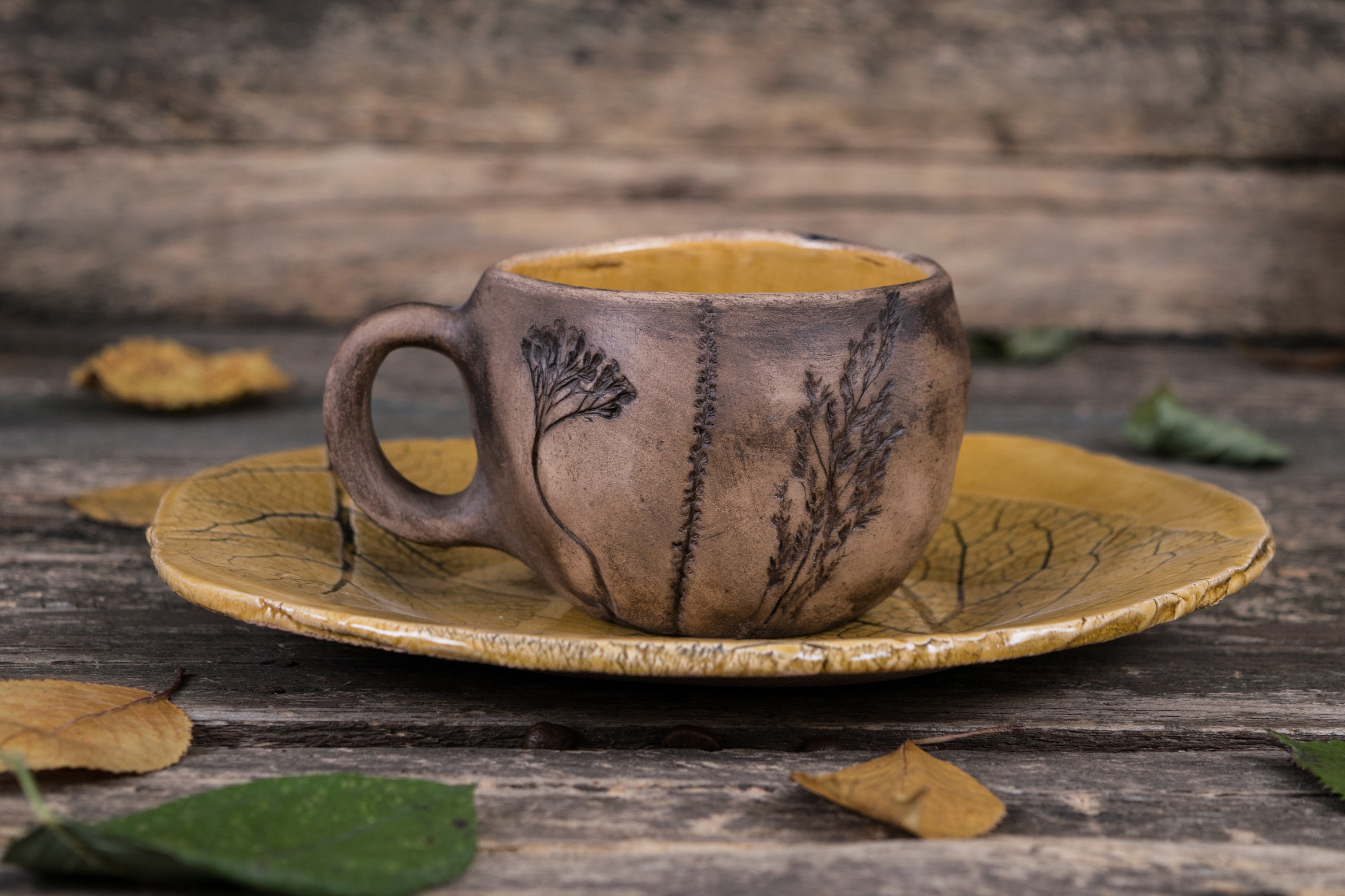 Unique Set of Ceramic Dishes With Plant Impressions || Set of Handmade ...