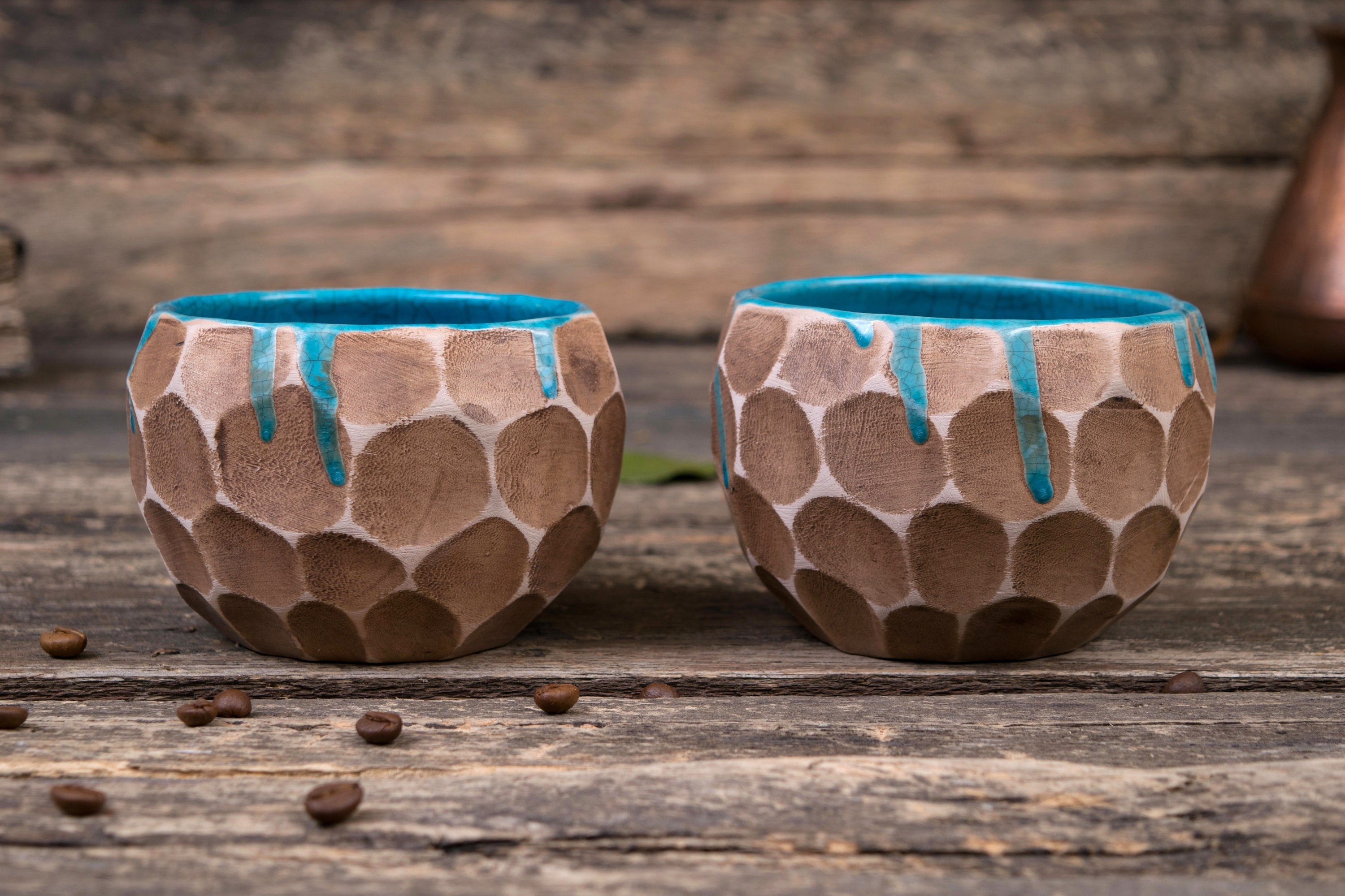 Set of two handmade pottery mugs with blue drips Ceramic | Etsy