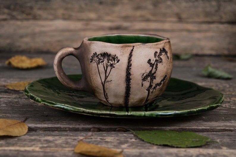 Ceramic plant mug & Ceramic plant plate Greenery pottery | Etsy