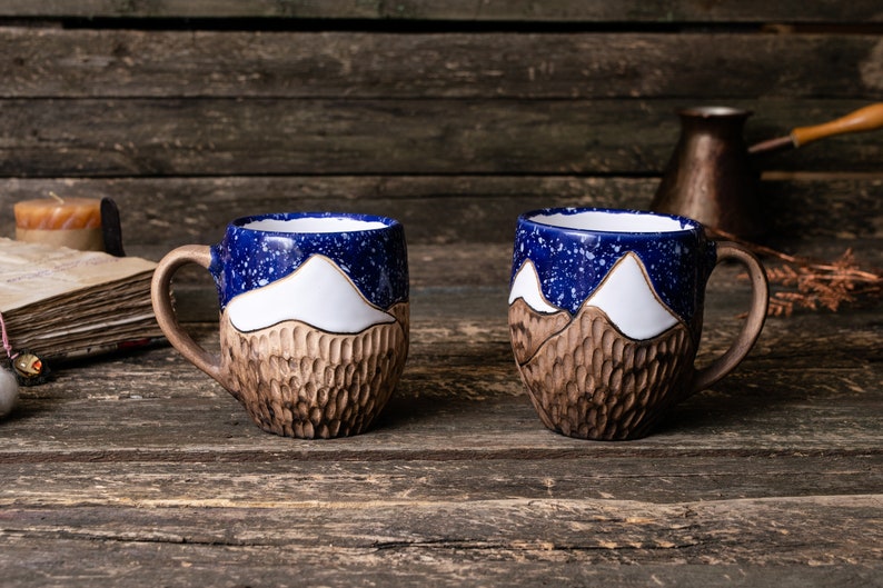 Set of Two Pottery Mountain Mugs || Nature Ceramic Mug, Mountain Mug ...