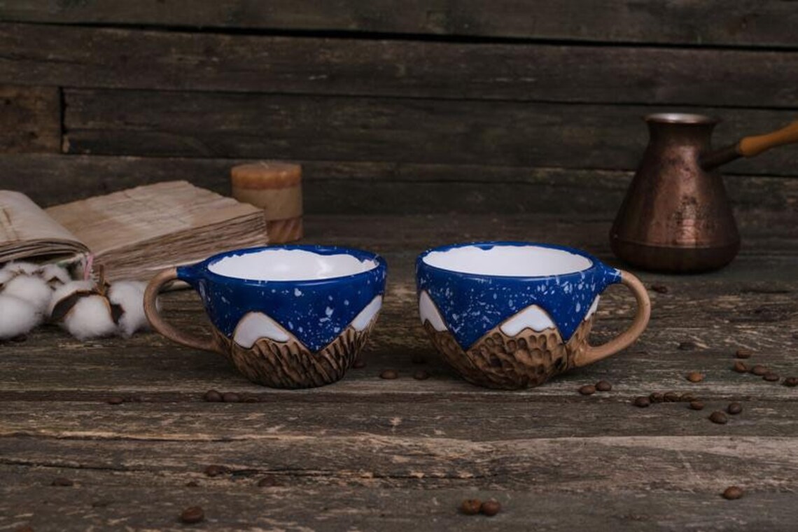 Set of two pottery mountain mugs Handmade nature ceramic | Etsy