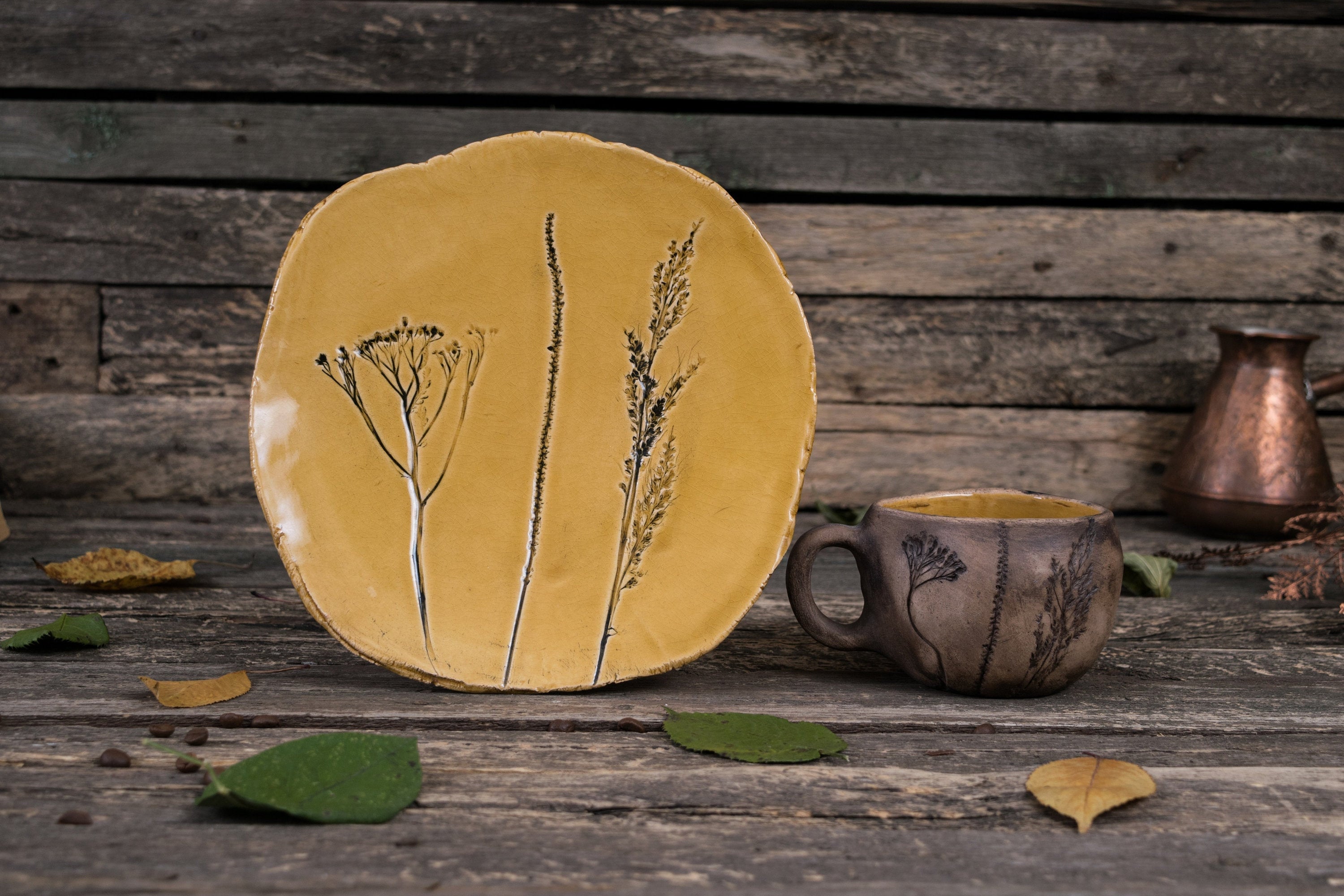 Set of Handmade Pottery Dishes With Plant Impressions | Etsy