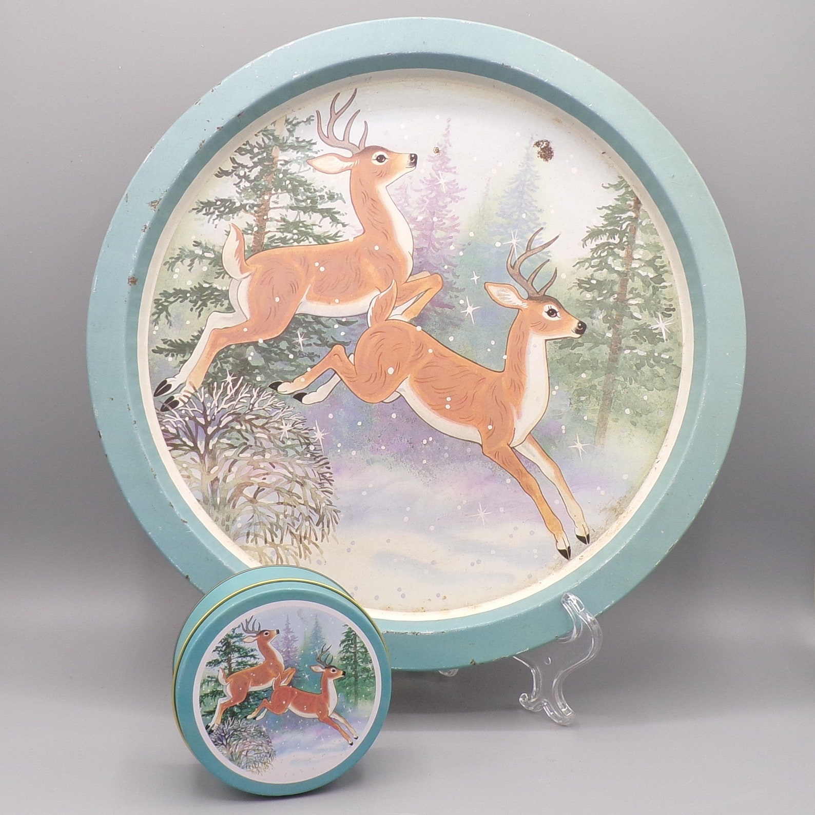 Vintage Christmas Winter Deer Tray With 6 Coasters in Matching Tin ...