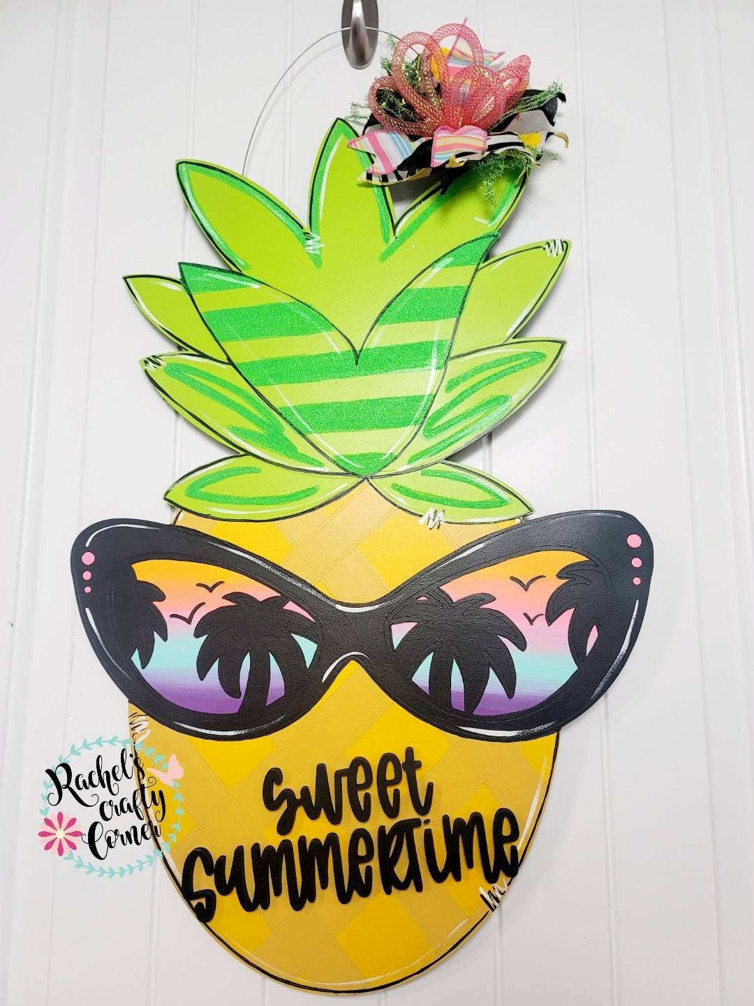 Summer Tropical Pineapple With Beachy Sunglasses, Hand Painted Door ...