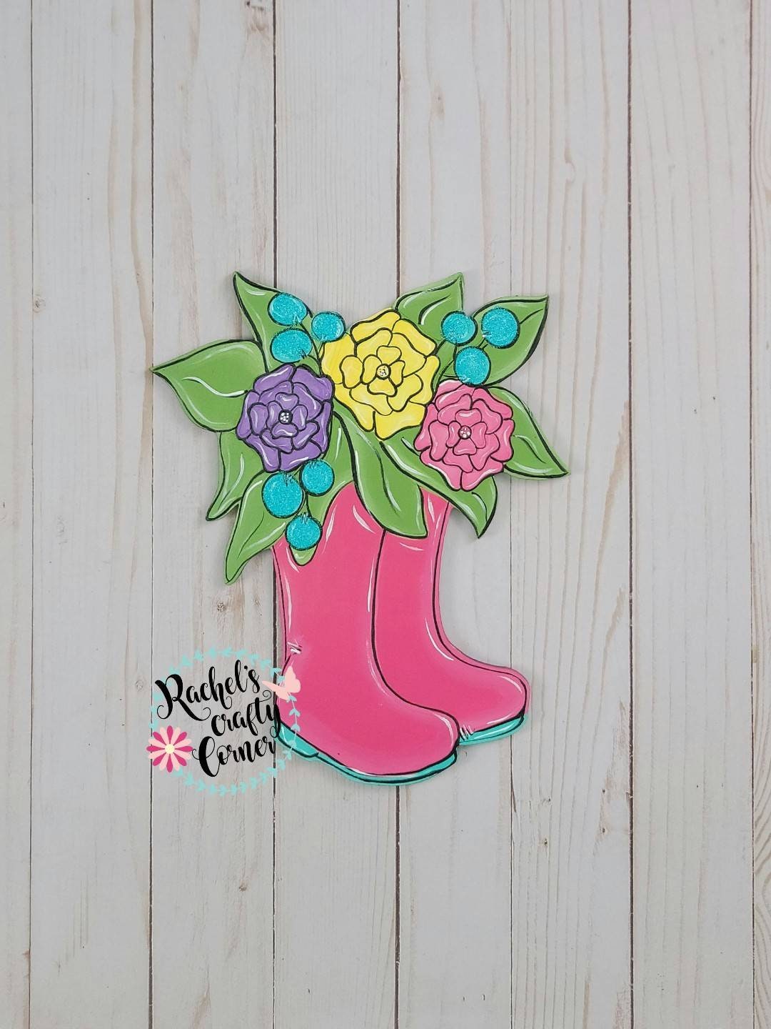 Spring Rain Boots and Wildflower Bouquet, Hand Painted Door Hanger Sign ...