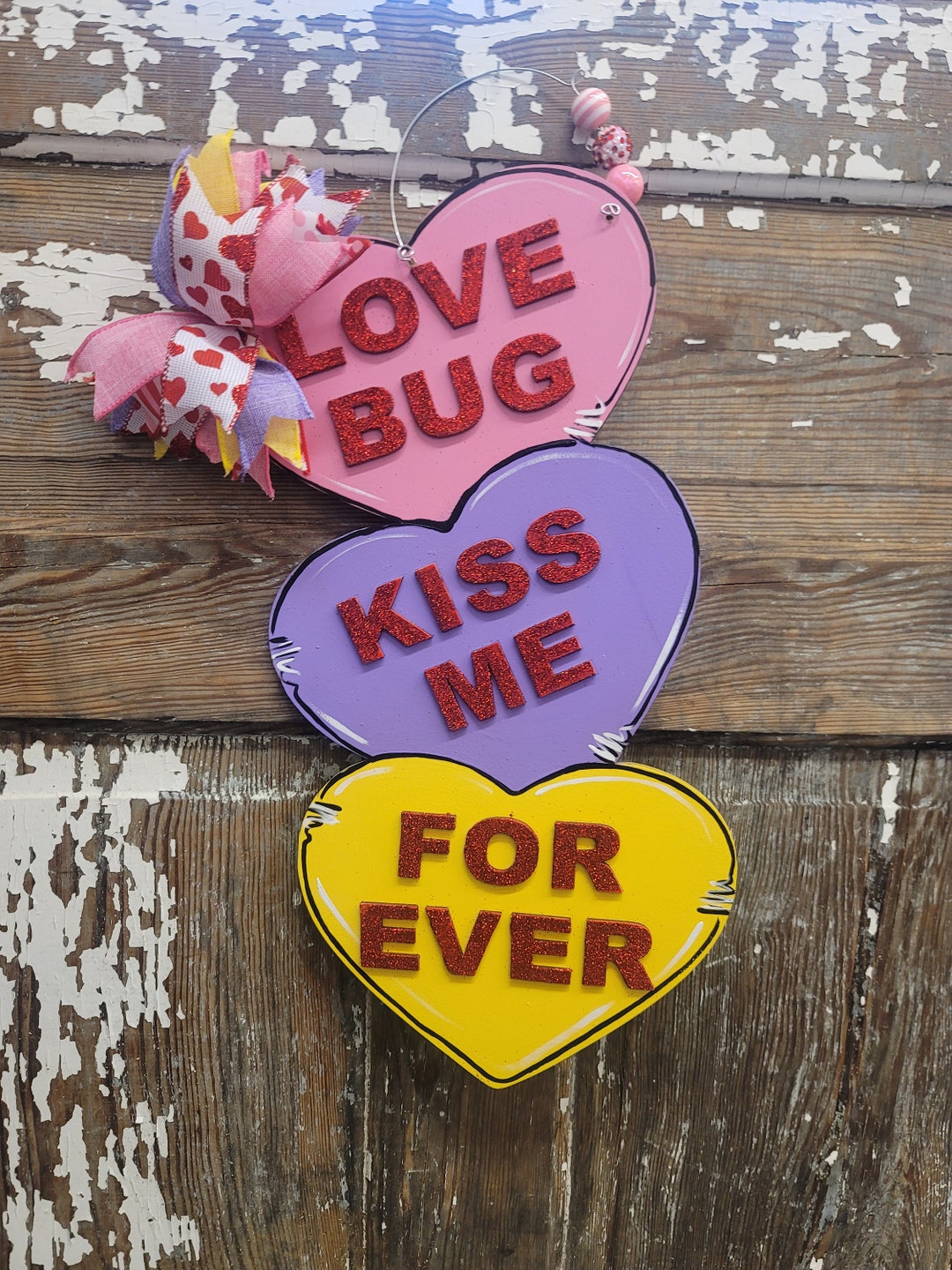 Conversation Heart Trio Stacked Hand Painted Wood Door Hanger Sign or ...