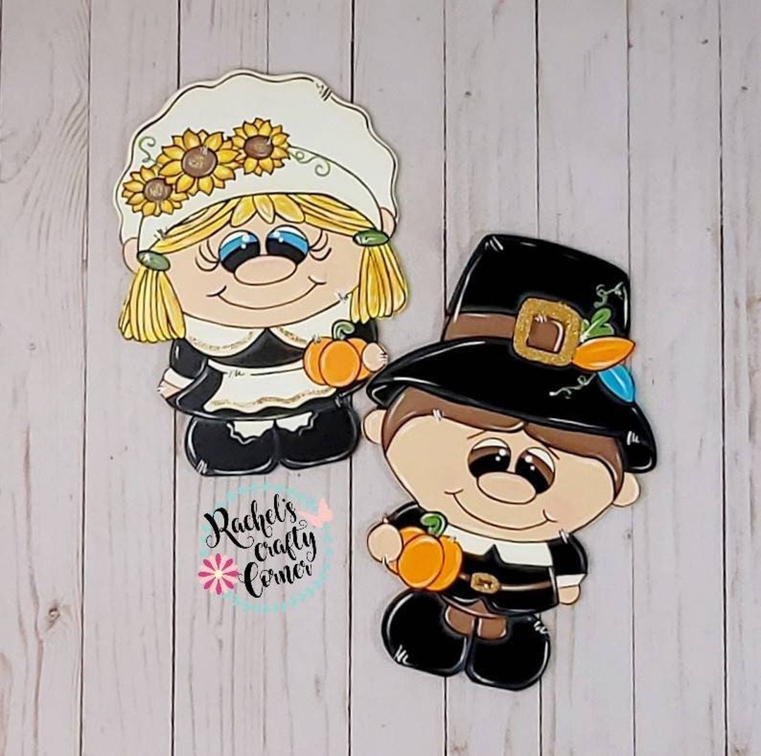Sweet Harvest Pilgrim With Pumpkins & Sunflowers Individual or Set Door ...