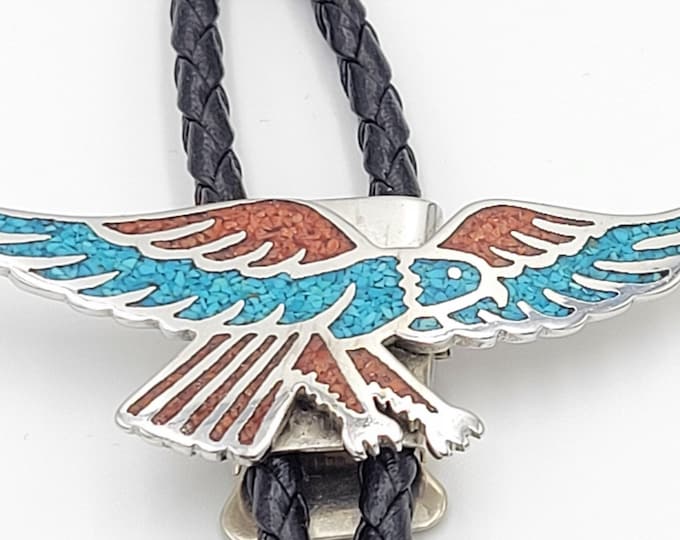 Bolo of Eagle Landing With Turquoise & Coral in Sterling Silver - Etsy