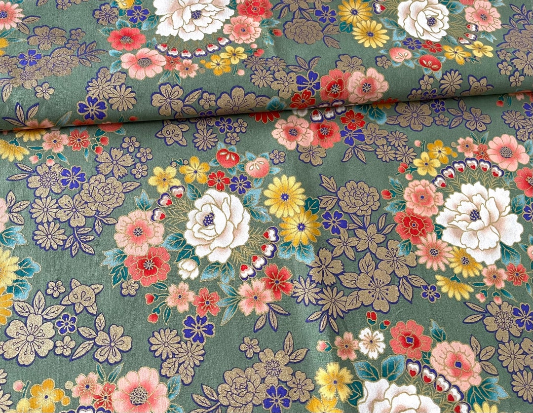 Floral Fabric by the Yard, Japanese Flower Print, 100 % Cotton Fabric ...