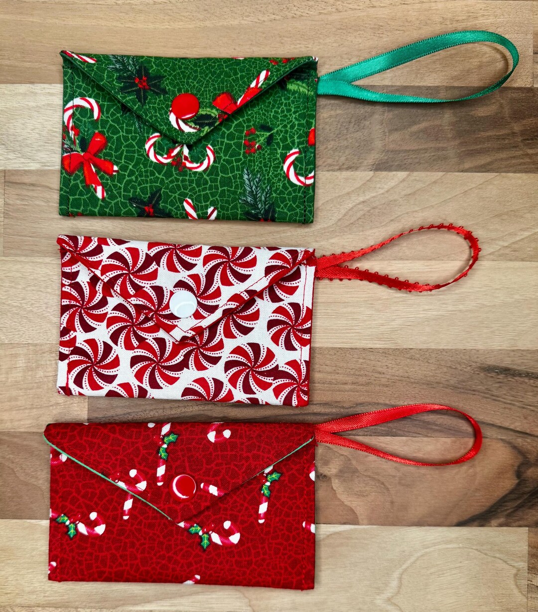 Set of 3 Christmas Candy Fabric Gift Card Holders With Ribbon Hanger ...