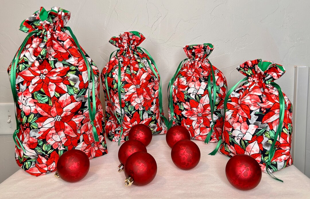 Cloth Gift Bags Christmas Stained Glass Poinsettia Lined Fabric Gift ...