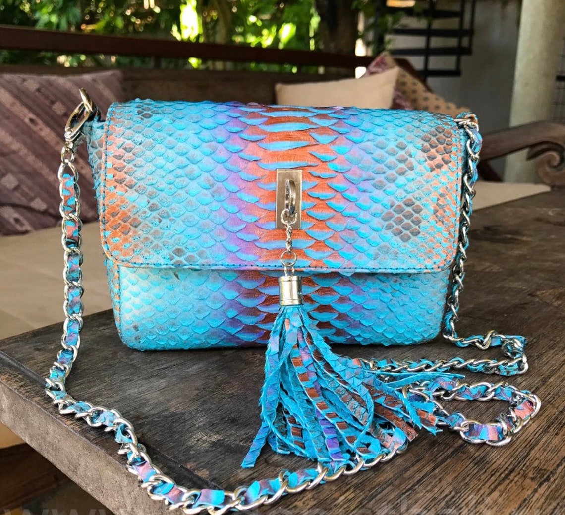 Genuine Python Skin Light Blue Summer Tassel Women Crossbody | Etsy