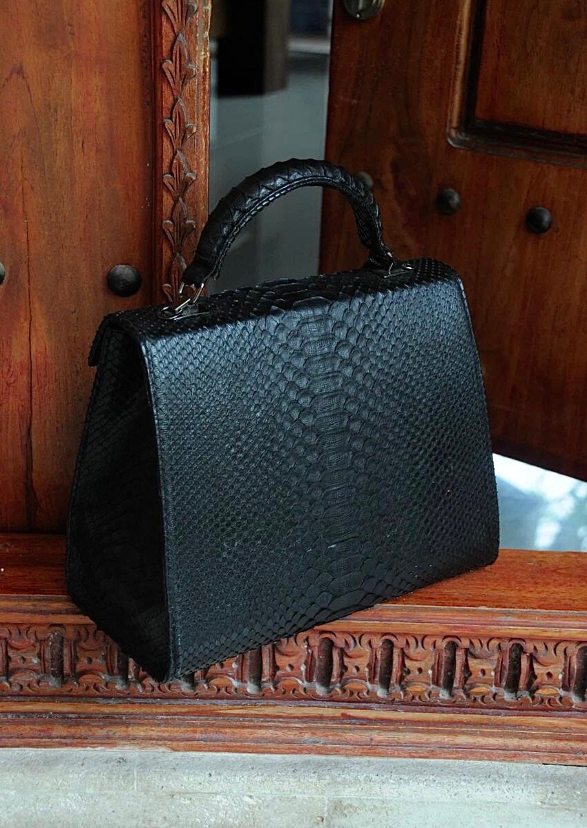 Top Handle Black Classy Genuine Python Skin Big Bag Exotic Leather Bags ...