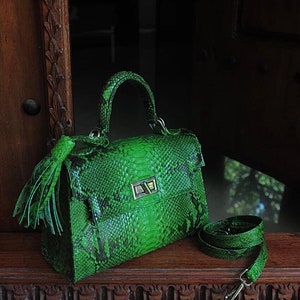Top Handle Bright Green Classy Genuine Python Skin Bag | Exotic Leather ...