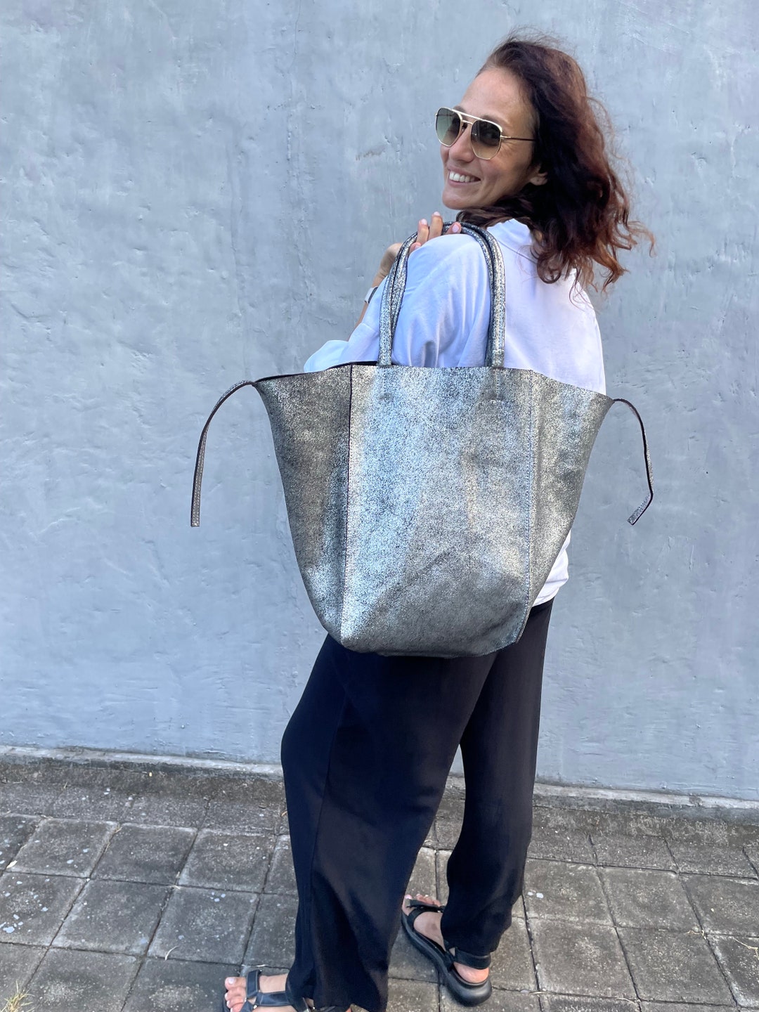 Genuine Leather Silver Tote Shopper Big Bag / Everyday Purse / Handmade ...