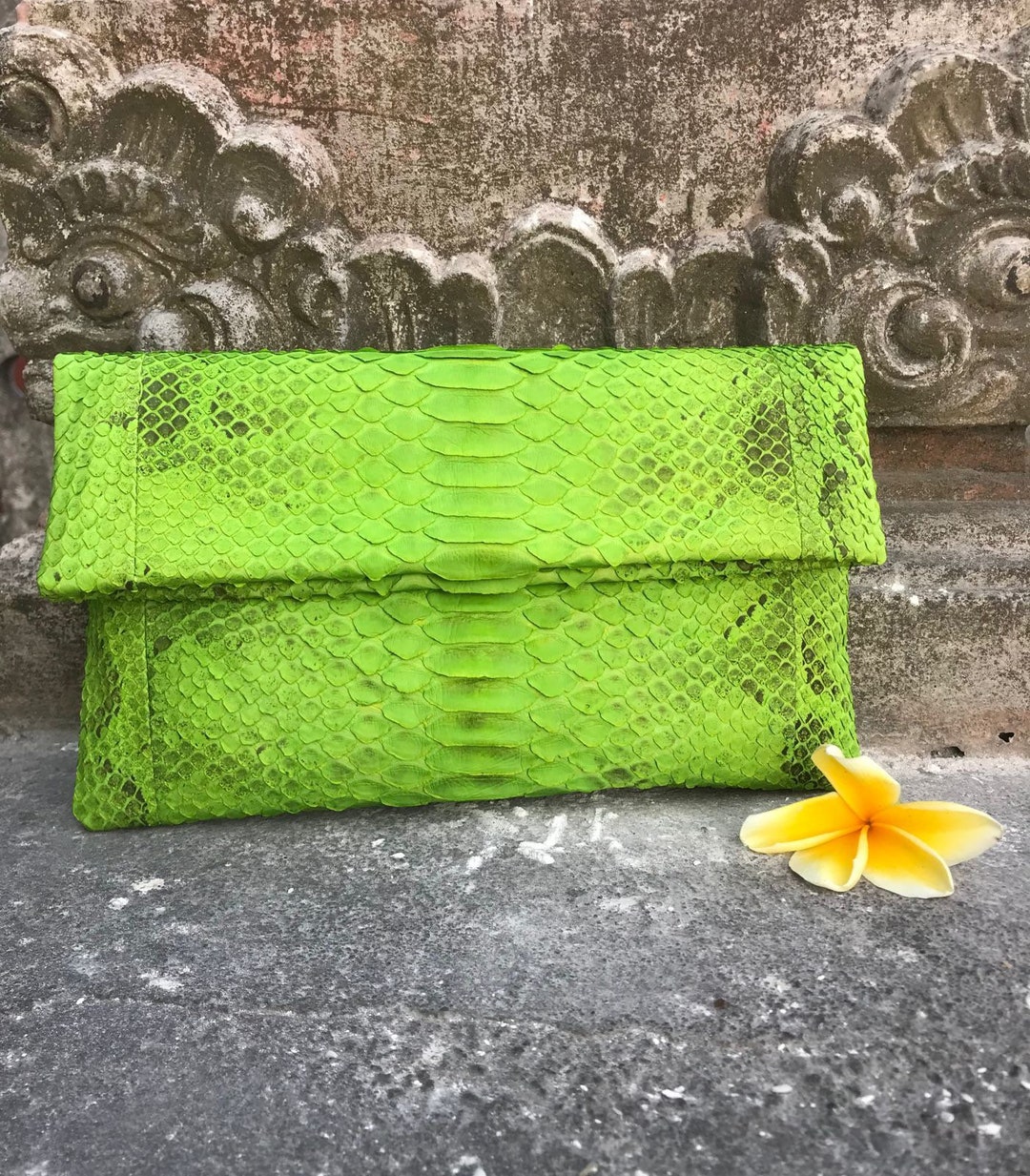 Genuine Python Skin Bright Green Envelope Clutch| Foldover Woman Summer Purse | Elegant Classy ...