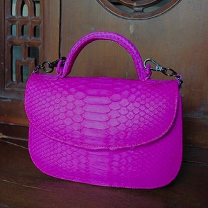 Genuine Python Skin Top Handle Hot Pink Crossbody Bag | Exotic Leather ...