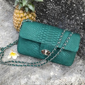 Dark Green Genuine Python Skin Crossbody Chain Bag Bright Summer Bag ...