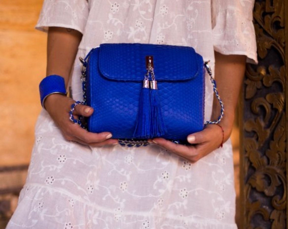 Genuine Python Skin Crossbody Bag Chain Tassel Electric Blue Bag ...