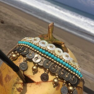 Boho Hippie Coachella Pearl Chinese Coin Bracelet Macrame Crochet Tie ...