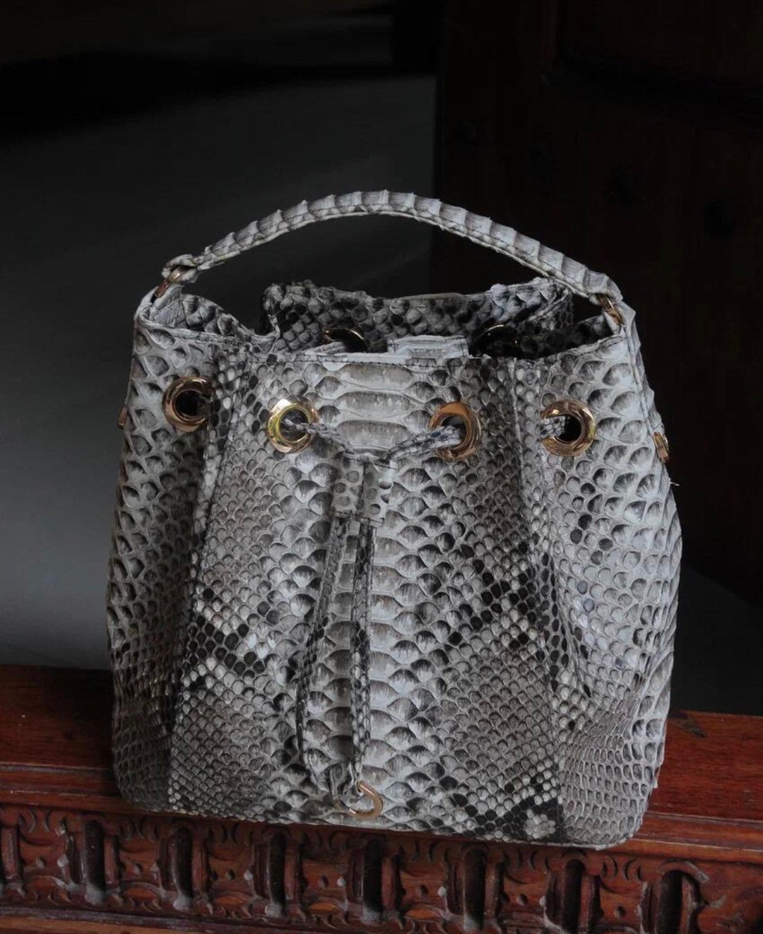 Genuine Python Skin Grey Bucket Crosshandle Bag/ Designer Women Purse ...