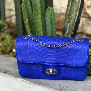 Blue Genuine Python Skin Crossbody Chain Bag | Bright Summer Bag ...