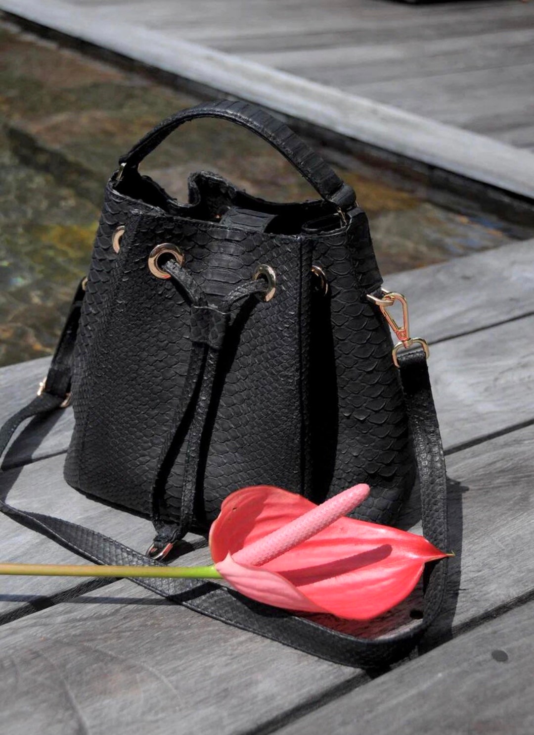 Genuine Python Skin Black Bucket Crosshandle Bag | Designer Women Purse ...