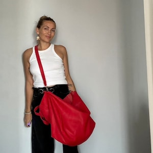 Genuine Leather Red Oversize Tote Shopper Triple Handle Big Bag ...