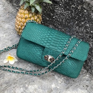 Dark Green Genuine Python Skin Crossbody Chain Bag Bright Summer Bag ...