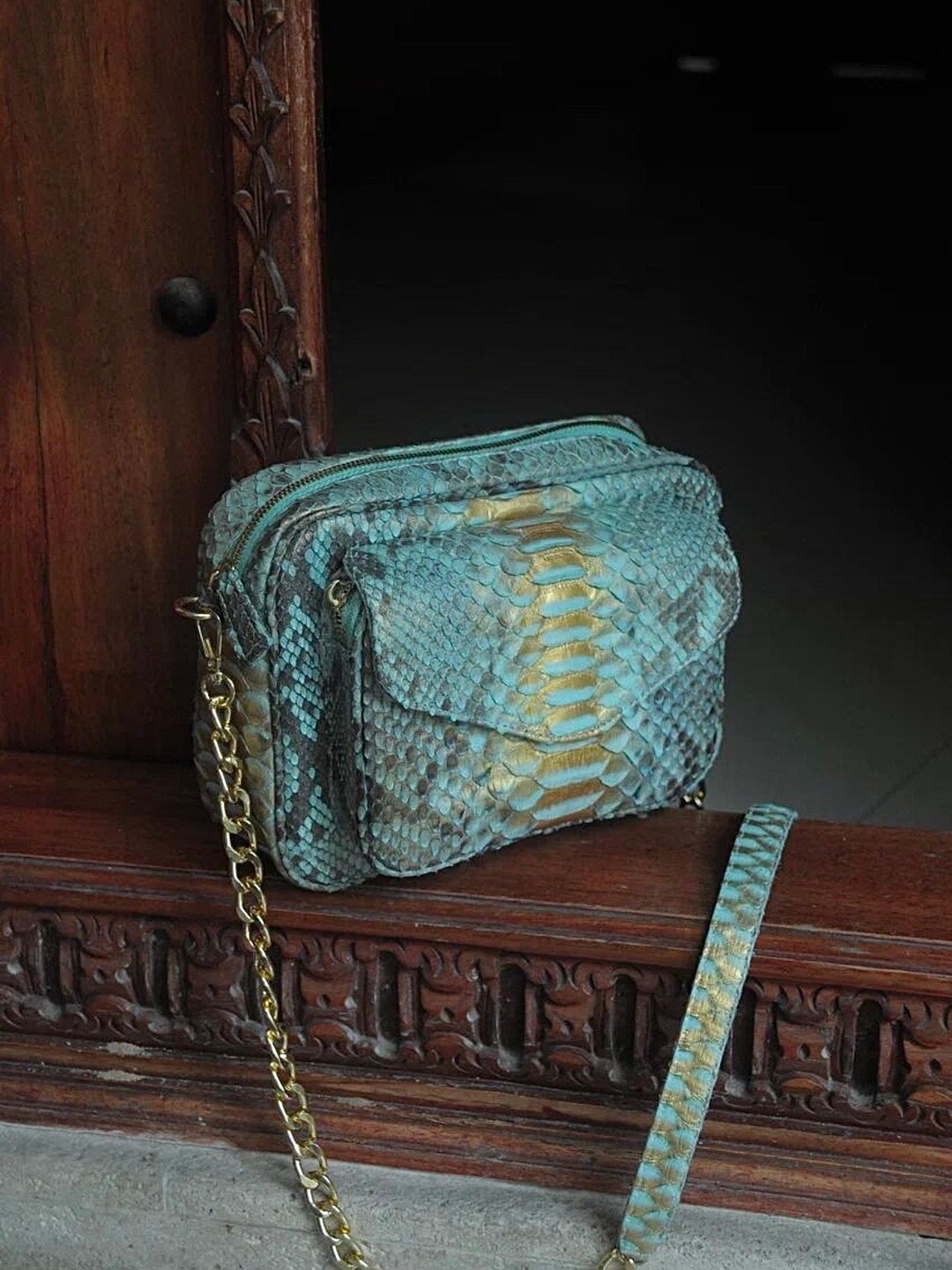 Genuine Python Skin Crossbody Blue Sport Bag With Pocket | Designer ...