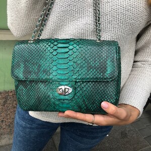 Genuine Python Skin Green Color Shiny Chain Bag | Shoulder Bag ...