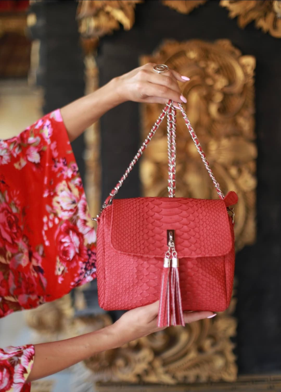 Genuine Python Skin Crossbody Bag | Chain Tassel Red Summer Bag ...