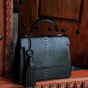 Top Handle Black Classy Genuine Python Skin Big Bag | Exotic Leather ...