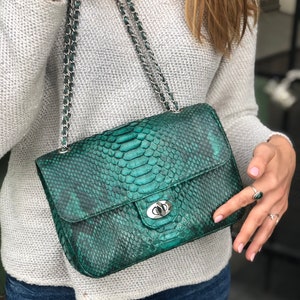 Genuine Python Skin Green Color Shiny Chain Bag | Shoulder Bag ...