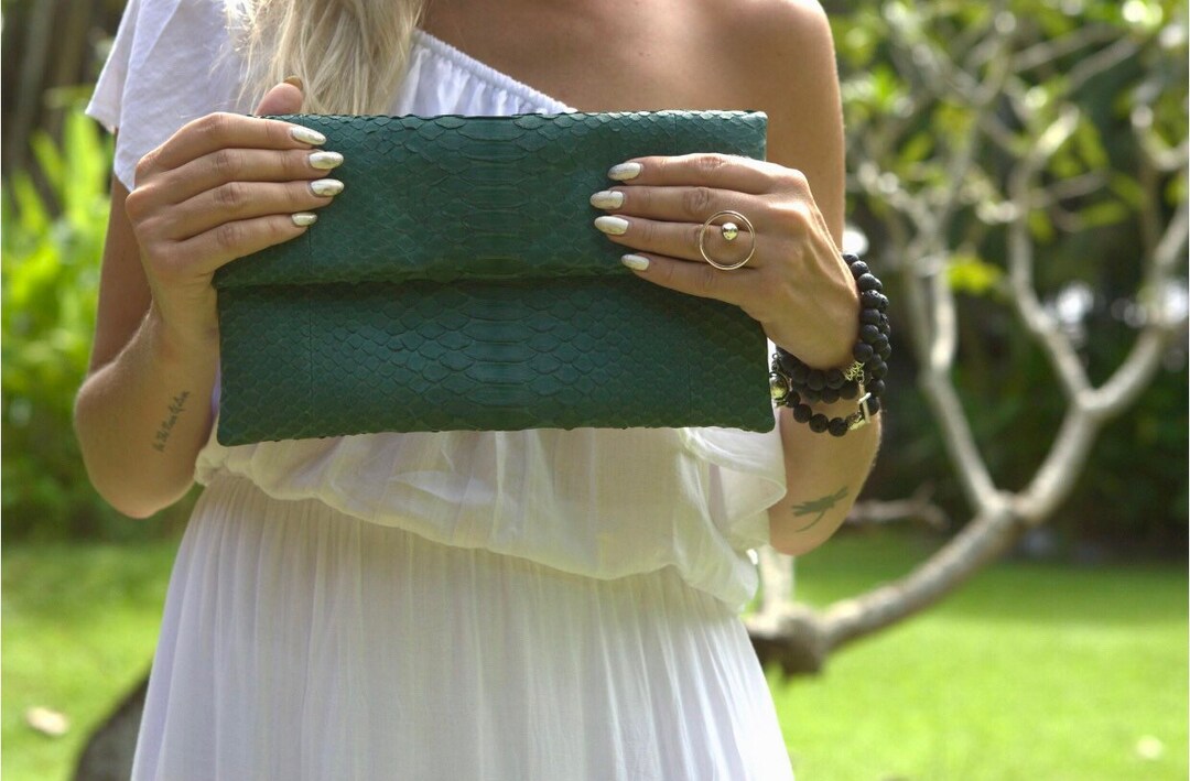 Genuine Python Skin Dark Green Envelope Clutch | Classy Elegant Leather ...