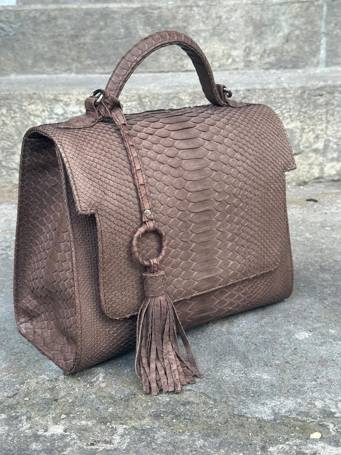 Top Handle Brown Classy Genuine Python Skin Big Bag | Exotic Leather ...