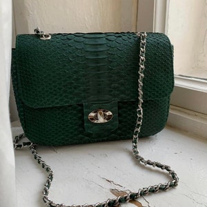 Dark Green Genuine Python Skin Crossbody Chain Bag Bright Summer Bag ...