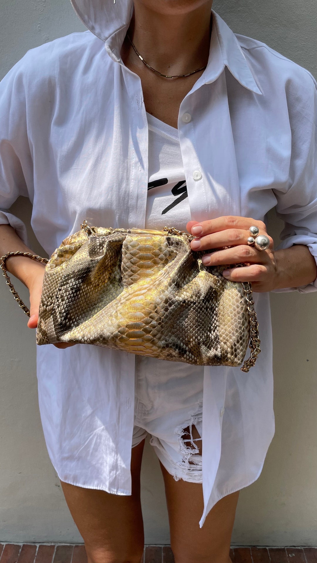 Genuine Python Skin Gold Pouch Bag | Exotic Leather Bags | Small Size ...
