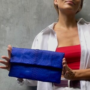 Genuine Python Skin Bright Blue Ultramarine Envelope Clutch| Foldover Woman Summer Purse ...