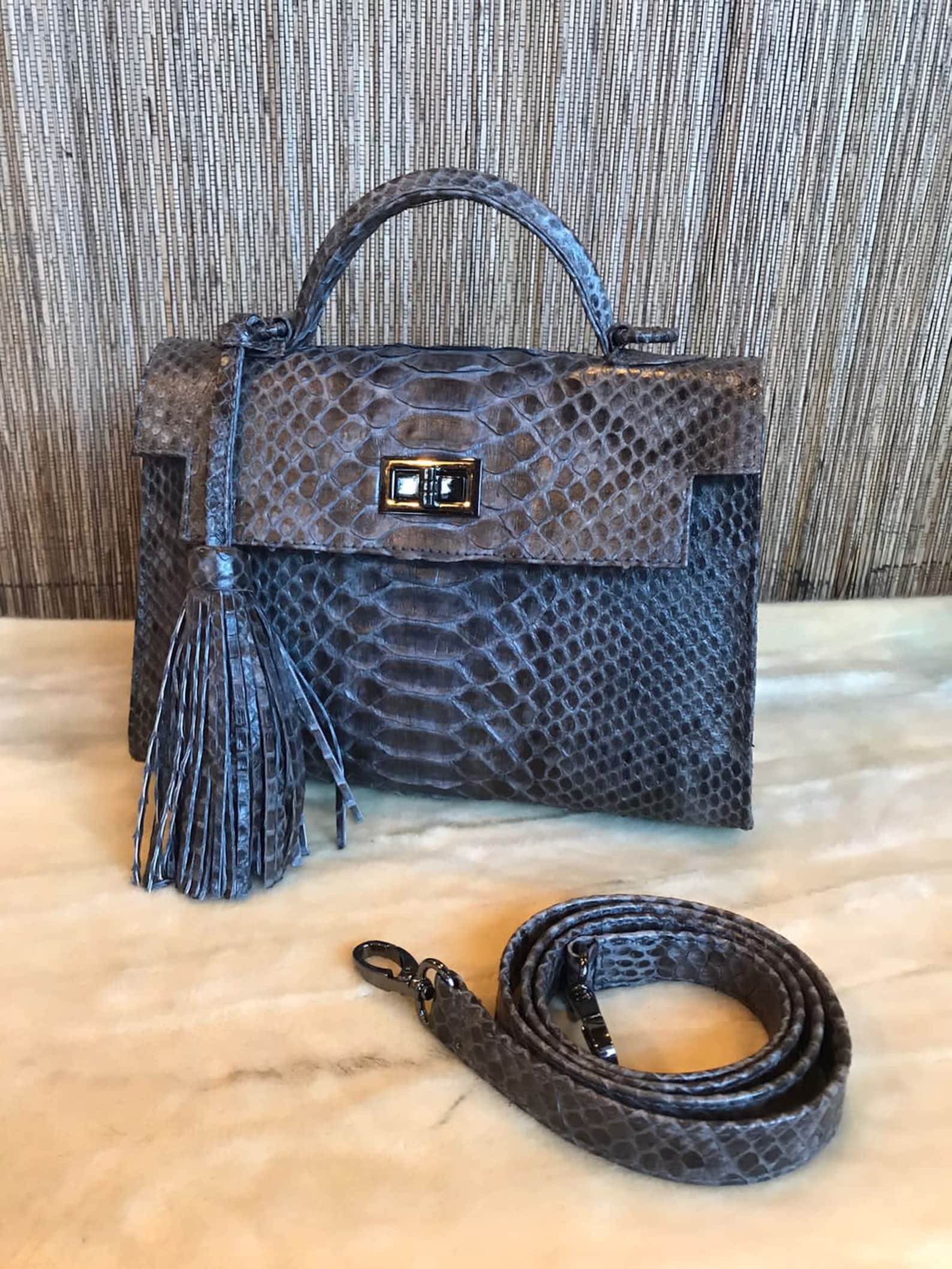Top Handle Dark Grey Classy Genuine Python Skin Bag Exotic Leather Bags ...