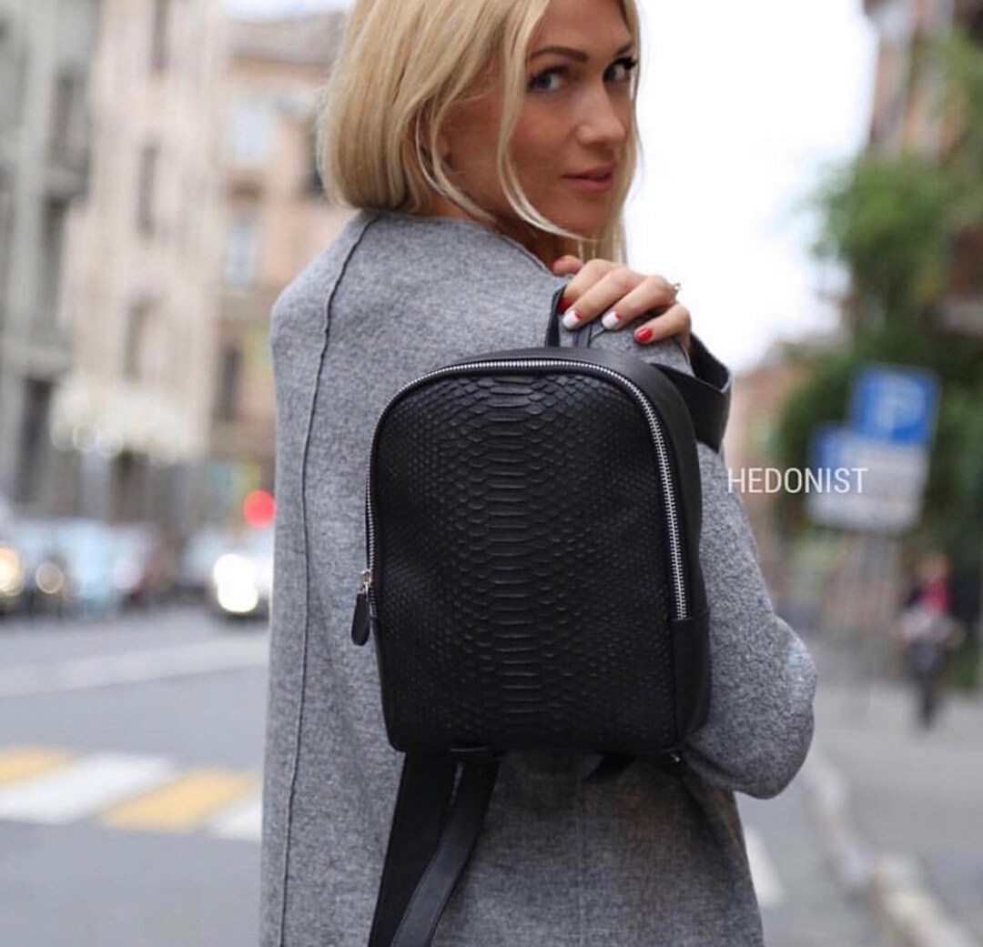 Leather Black Backpack Python Skin Woman | Leather Rucksack | Girls ...