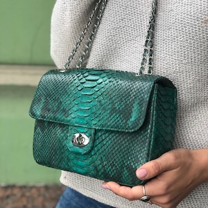 Genuine Python Skin Green Color Shiny Chain Bag | Shoulder Bag ...