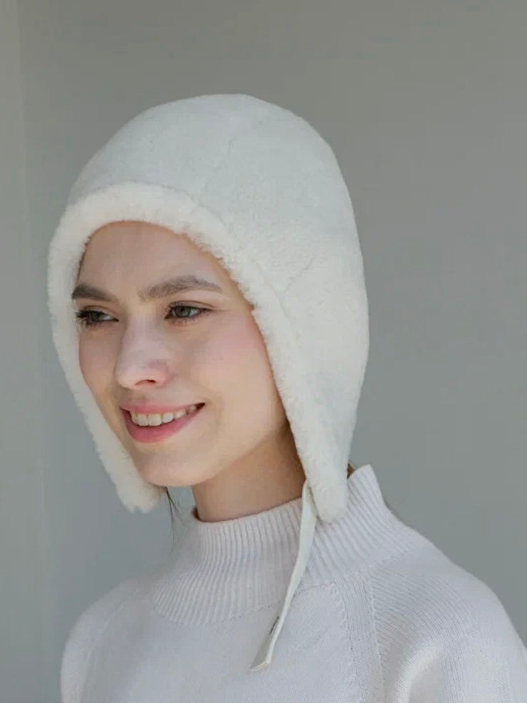 Genuine Shearling Fur Women Cream White Bonnet / Real Soft Lamb Fur ...
