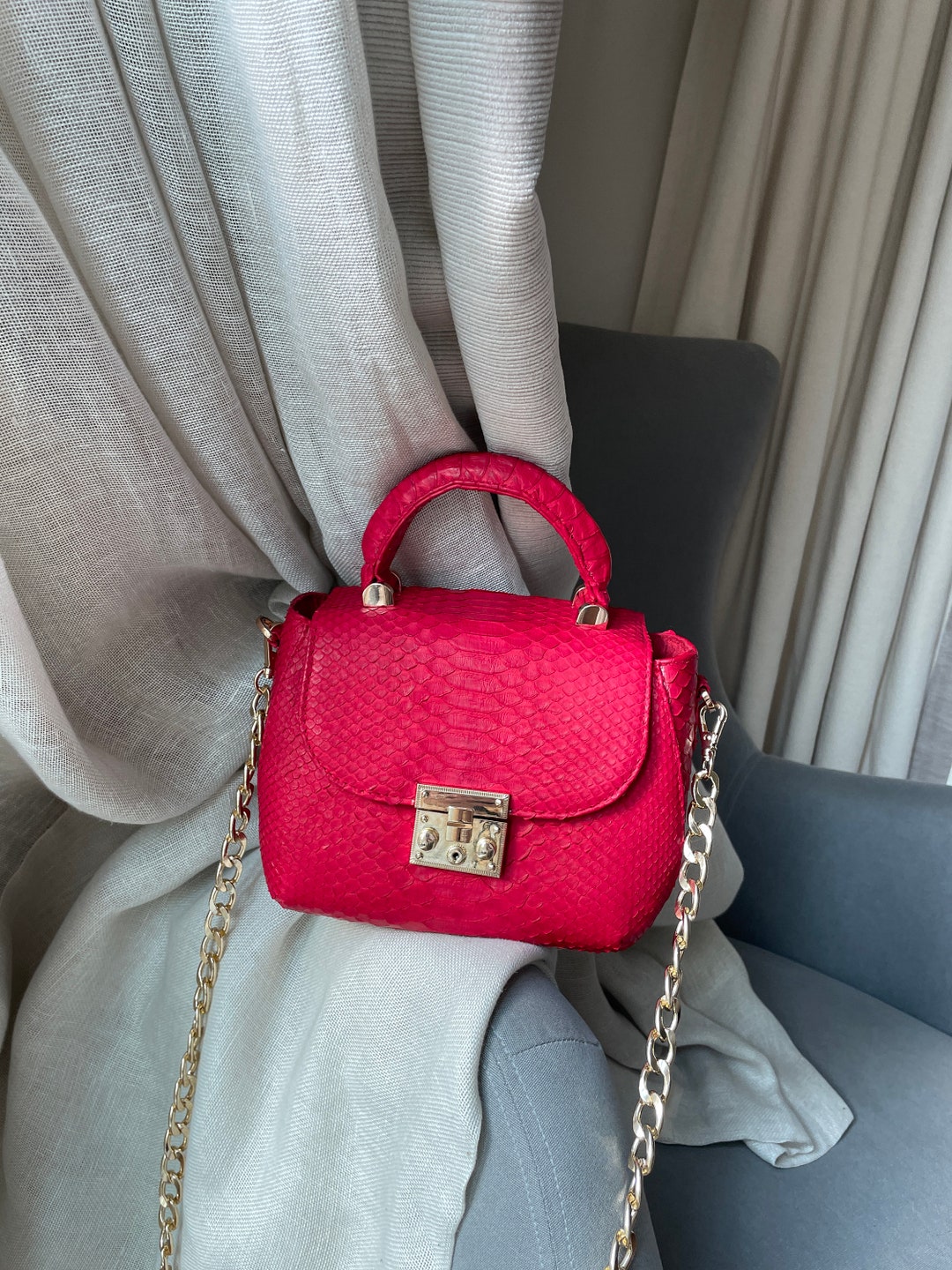 Genuine Python Top Handle Bag / Designer Bag / Exotic Leather Bag / Red ...